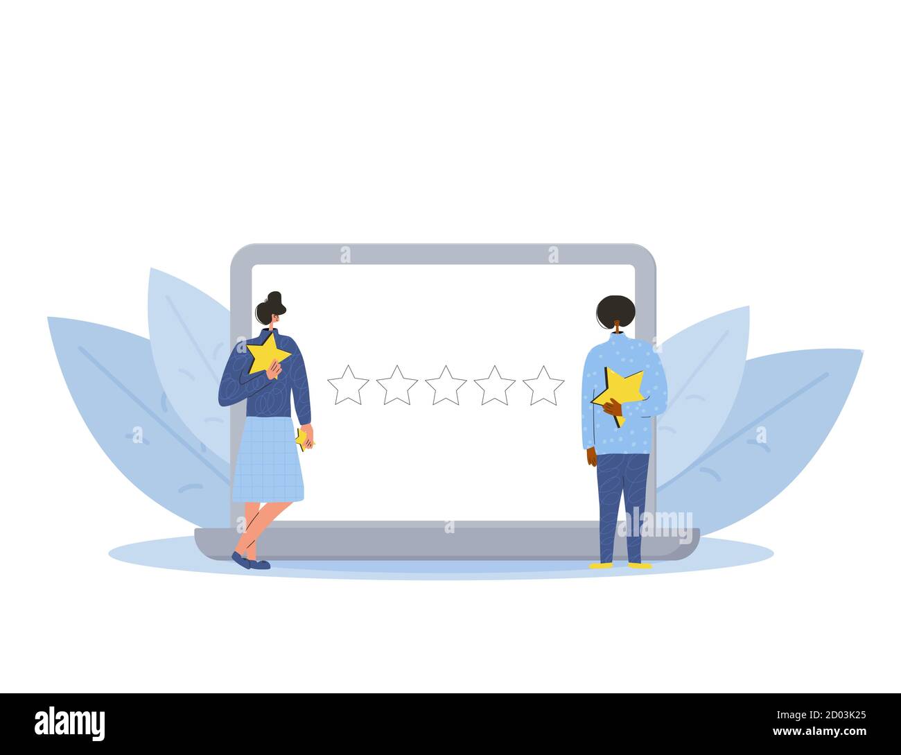 Feedback concept. Client review. Two persons holding stars in their ...