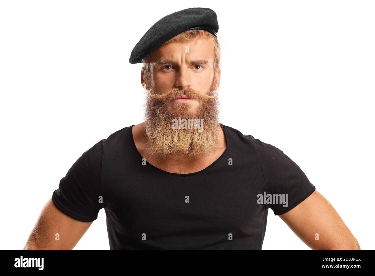 Close up of a serious man with blond beard and mosutaches wearing a ...