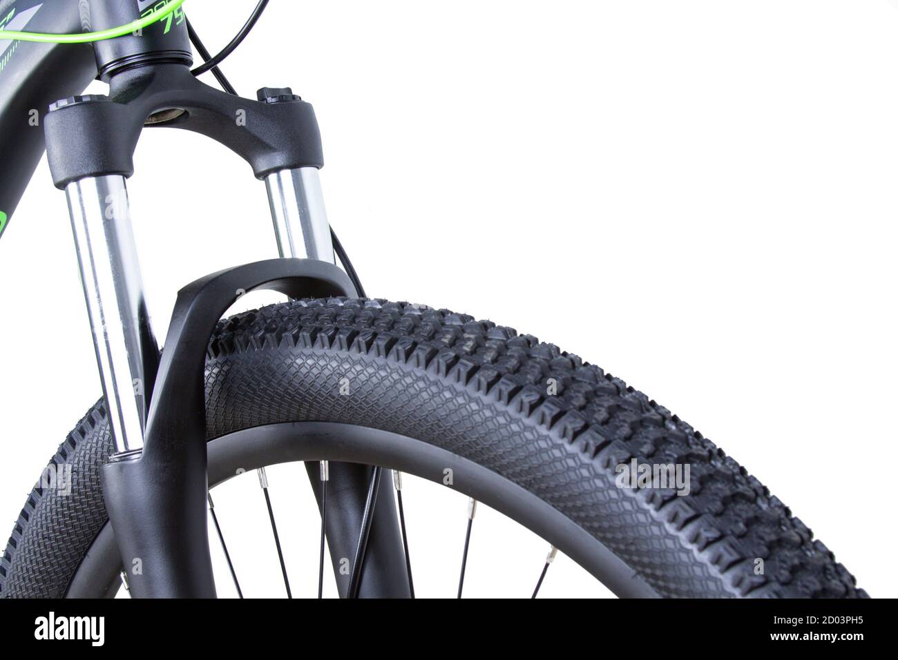 parts of bicycle wheel close up and fork amartization on white ...