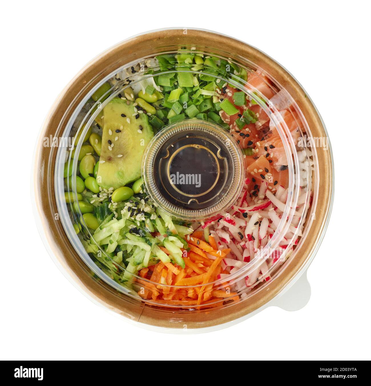 healthy poke bowl in take away container isolated on white background ...