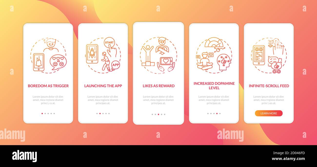 How social media addiction works onboarding mobile app page screen with concepts Stock Vector ...