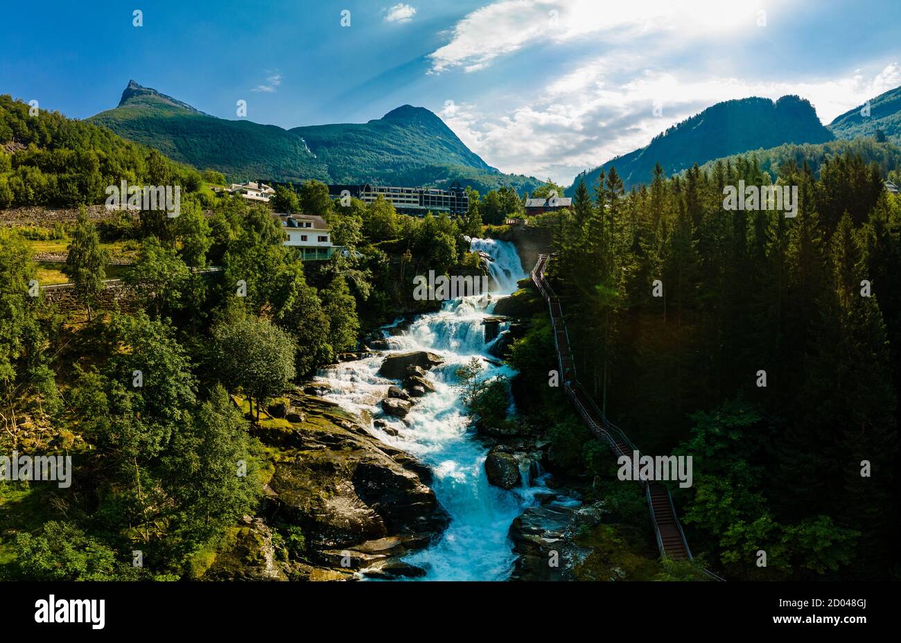Panoramic iew of the river Geirangerelvi and the waterfall Storfossen ...
