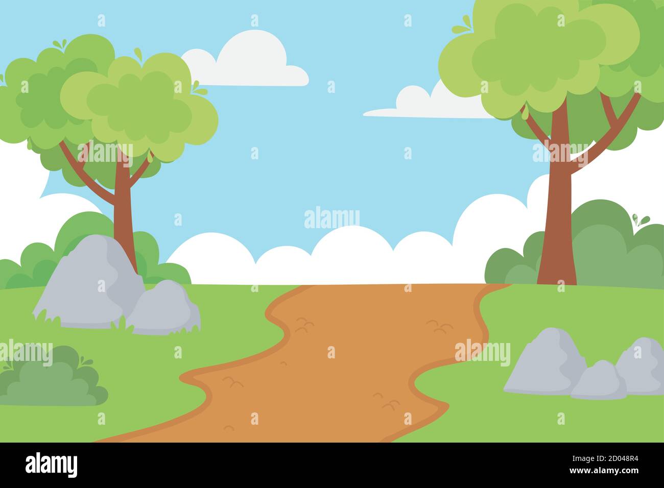 landscape rural path trees bushes stones and sky cartoon vector ...