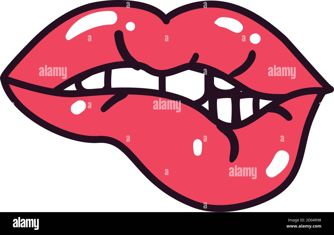 pop art female mouth biting line and fill style icon design of retro ...