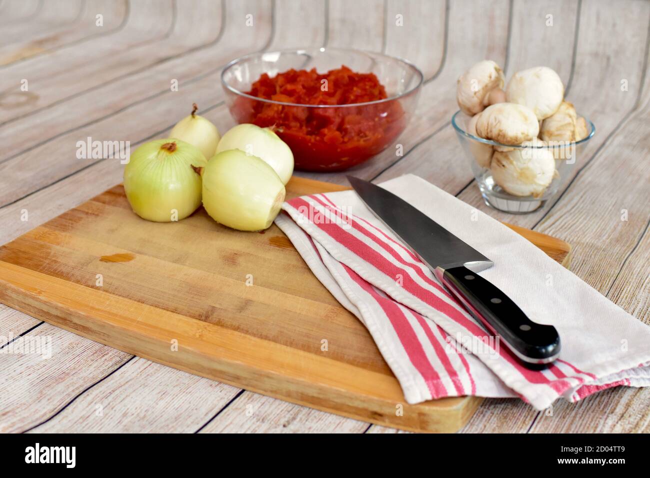 Fresh organic wholesome simple ingredients diced and ready to add to ...