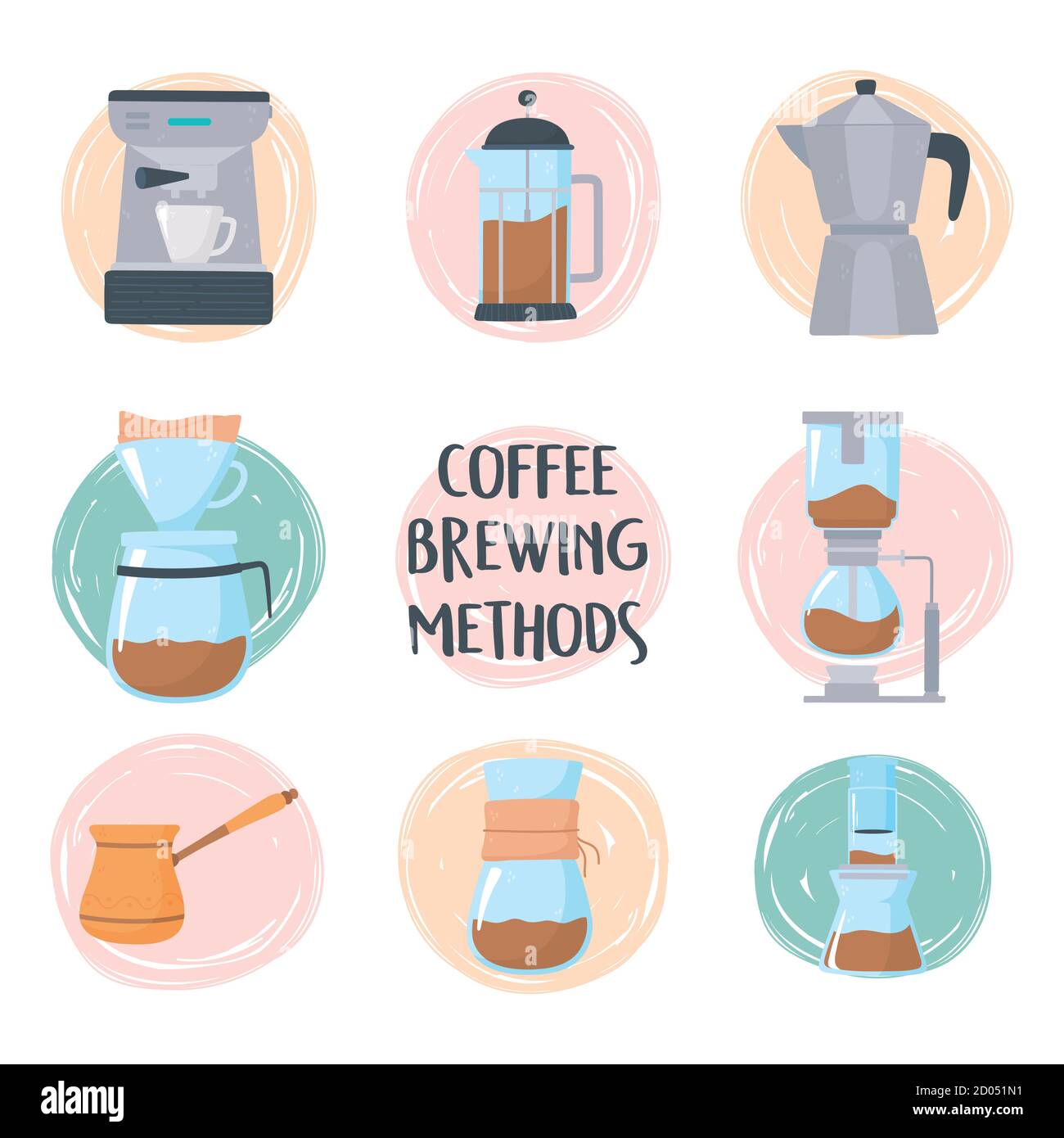 coffee brewing methods, coffee makers and coffee machine, kettle, french press, moka pot vector ...