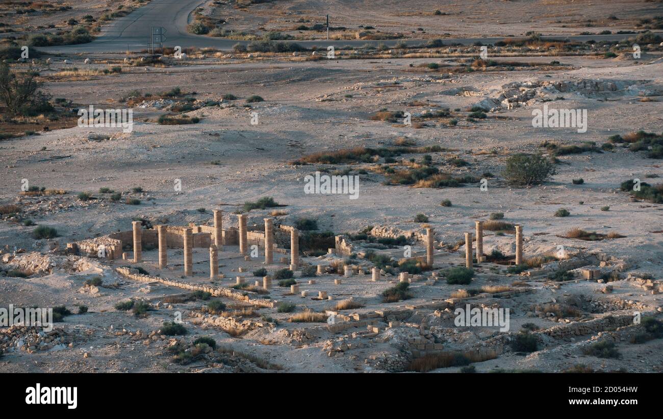 Aerial view of the ruins of the temple in the historical city Avdat in ...