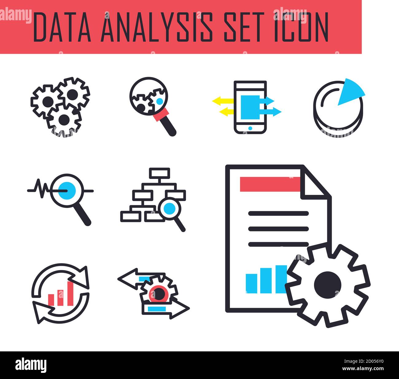 Data analysis line and fill style set icons design, and information ...