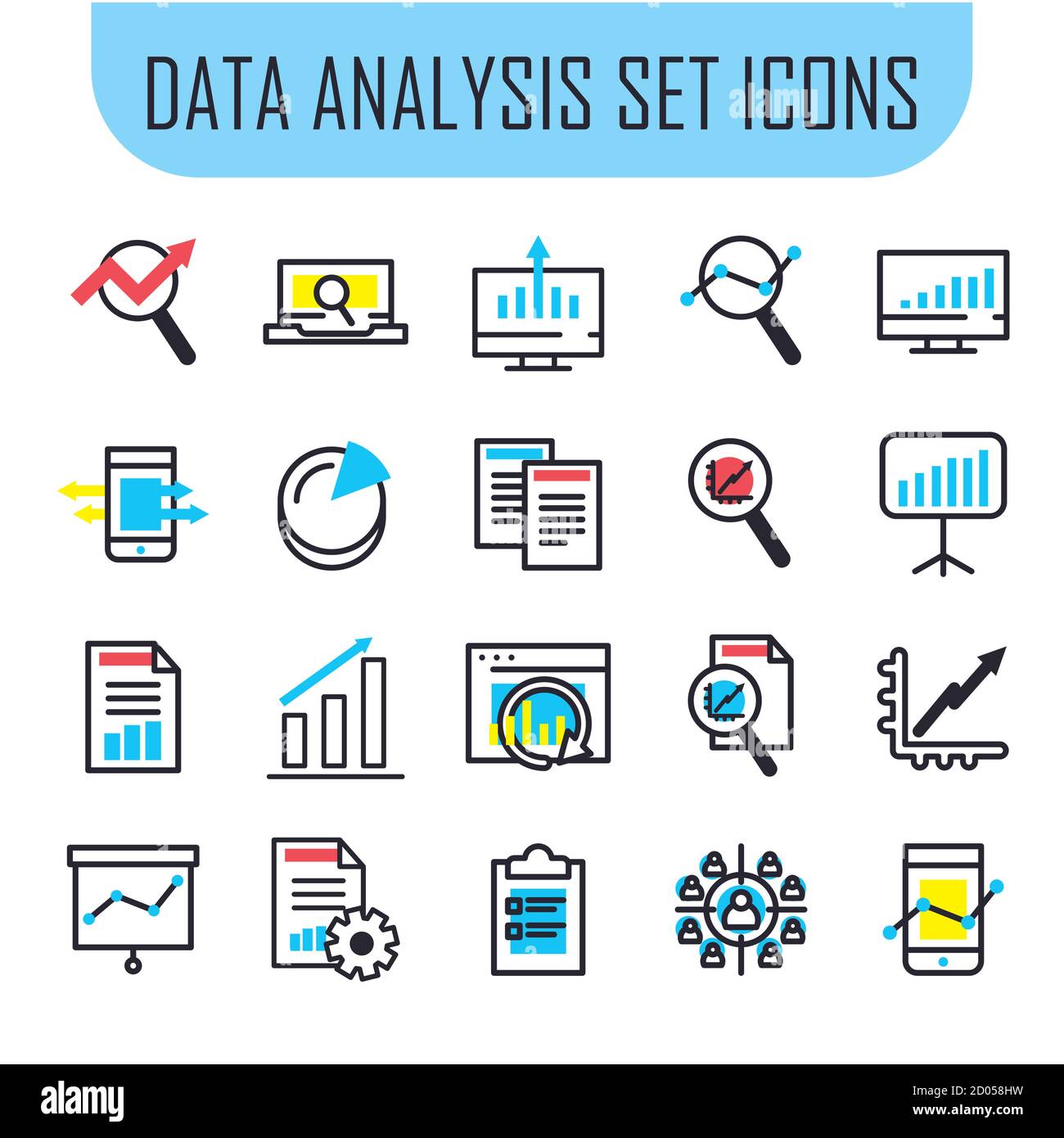 Data analysis line and fill style icons collection design, and ...