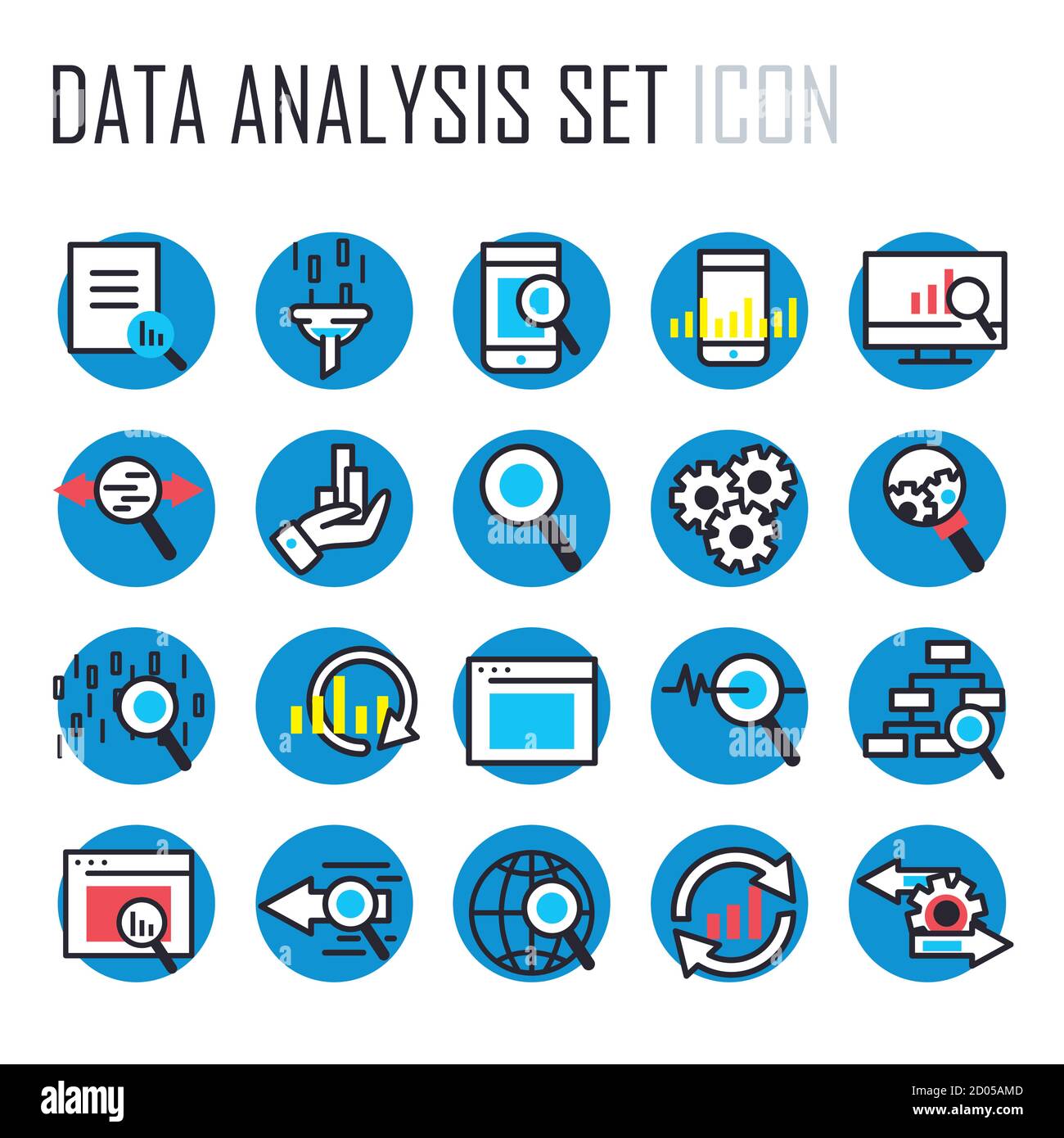 Data analysis line and fill style set of icons design, and information ...