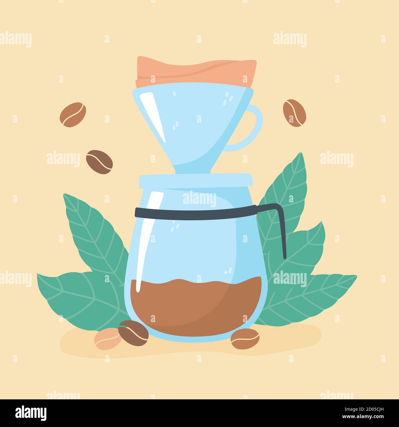 coffee brewing methods, drip maker coffee grains and leaves vector ...