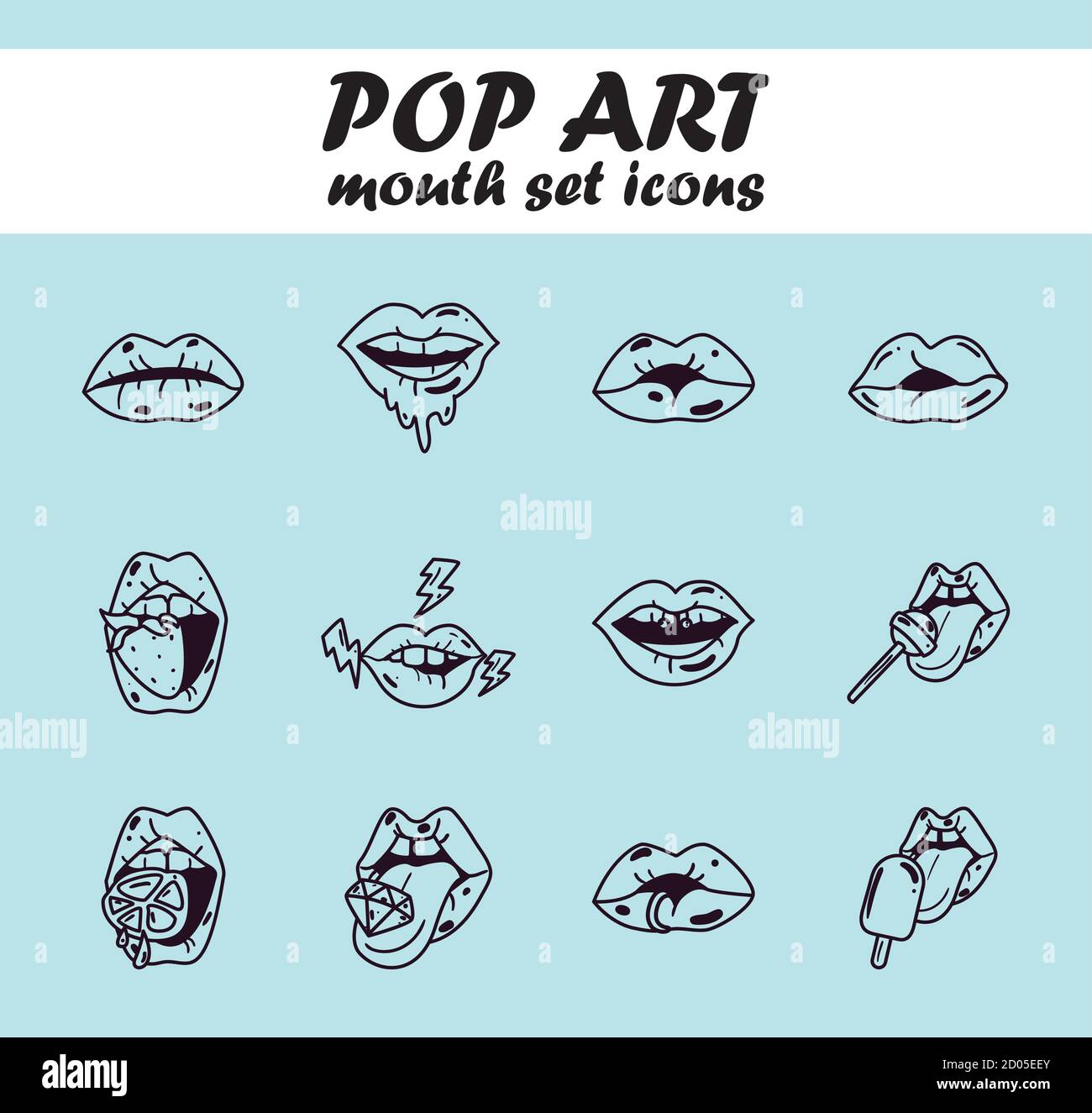 pop art female mouth line style set icons design of retro lips and ...
