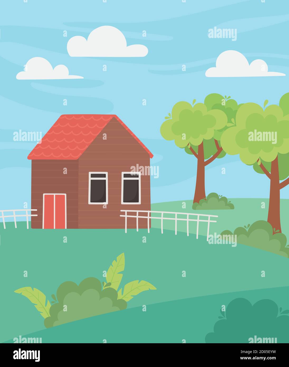 landscape cottage with fence trees garden and meadow cartoon vector ...
