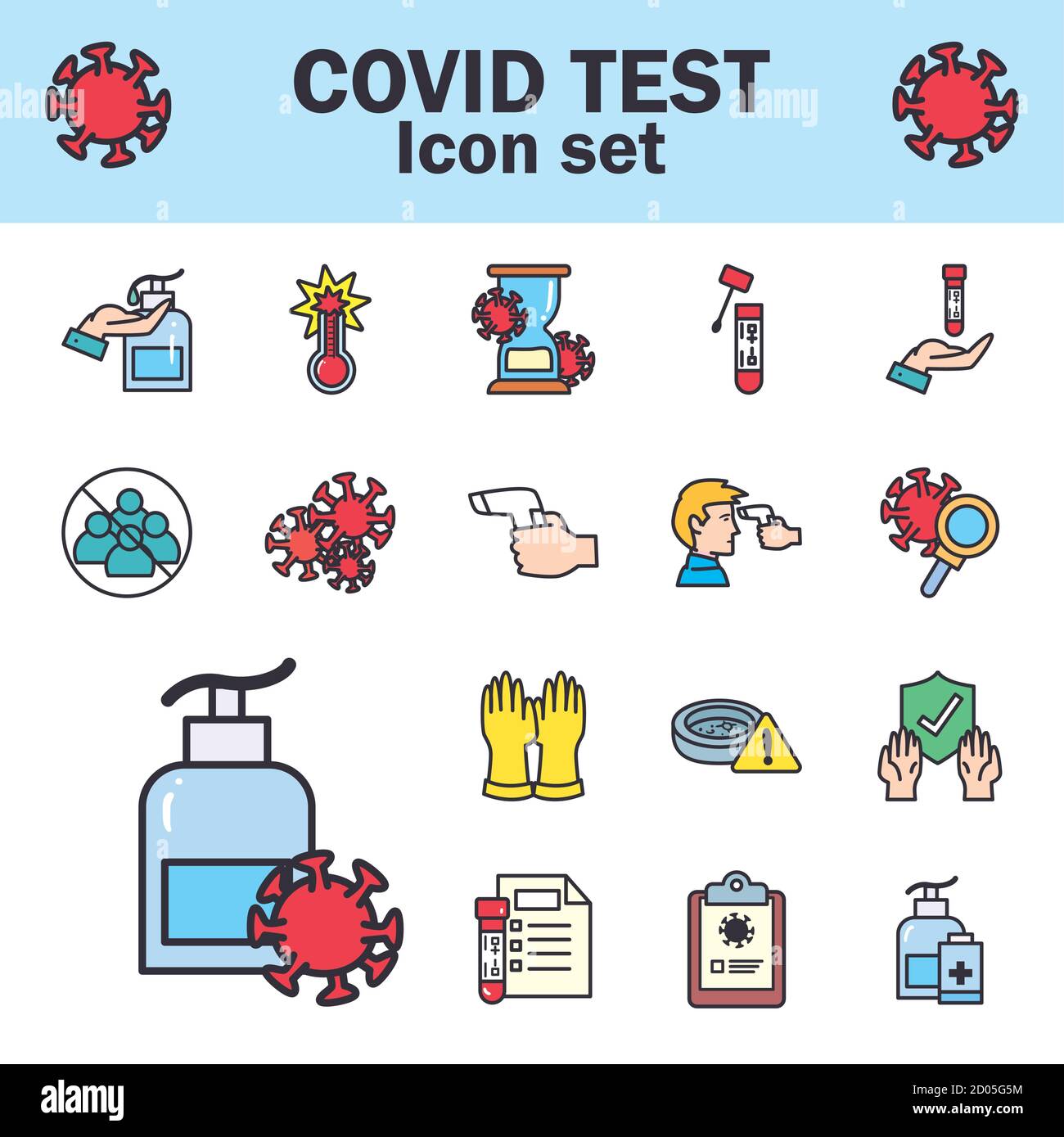 Covid 19 virus test line and fill style symbols set design of 2019 ncov ...