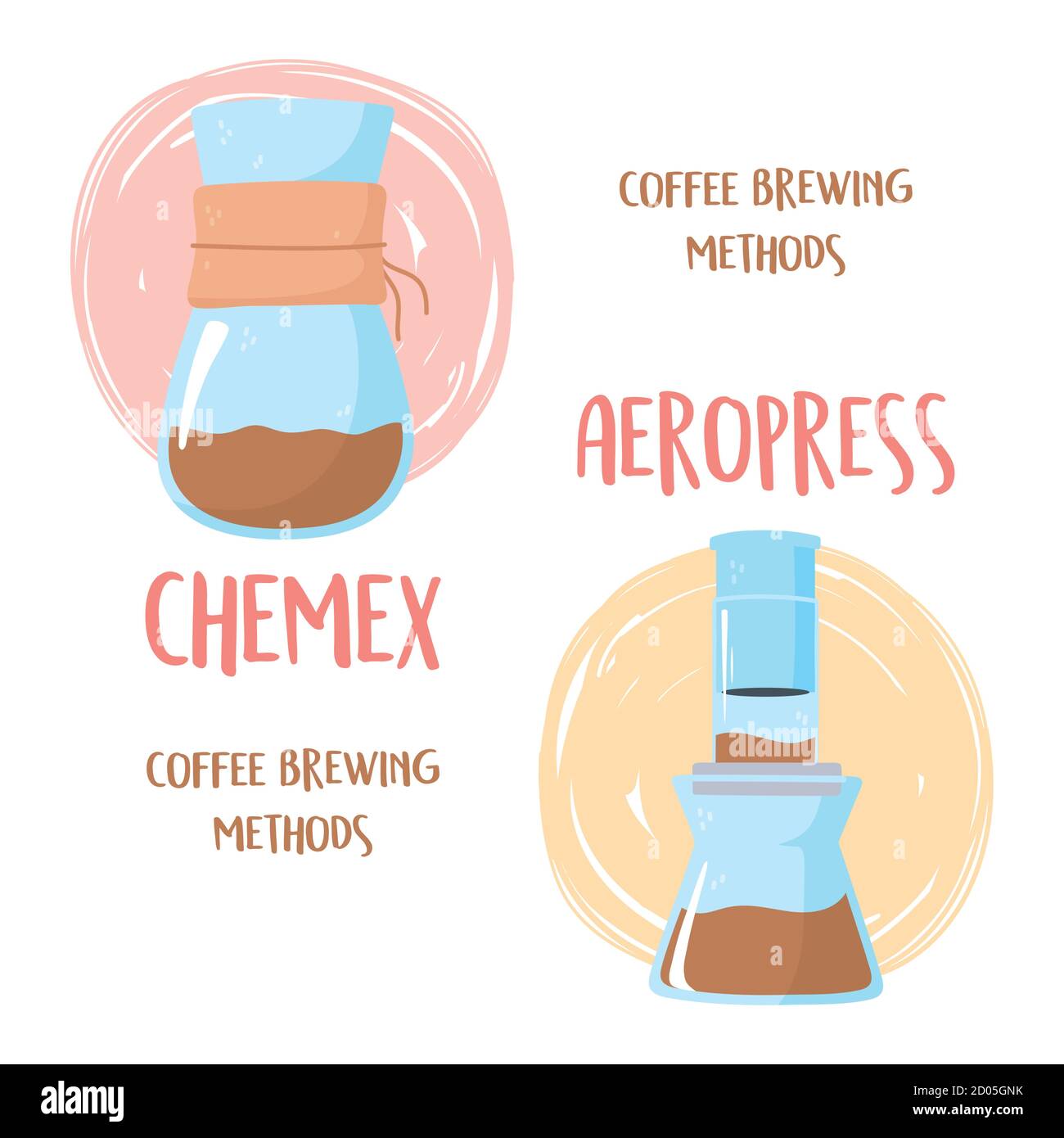 coffee brewing methods, chemex and aeropress processs vector ...