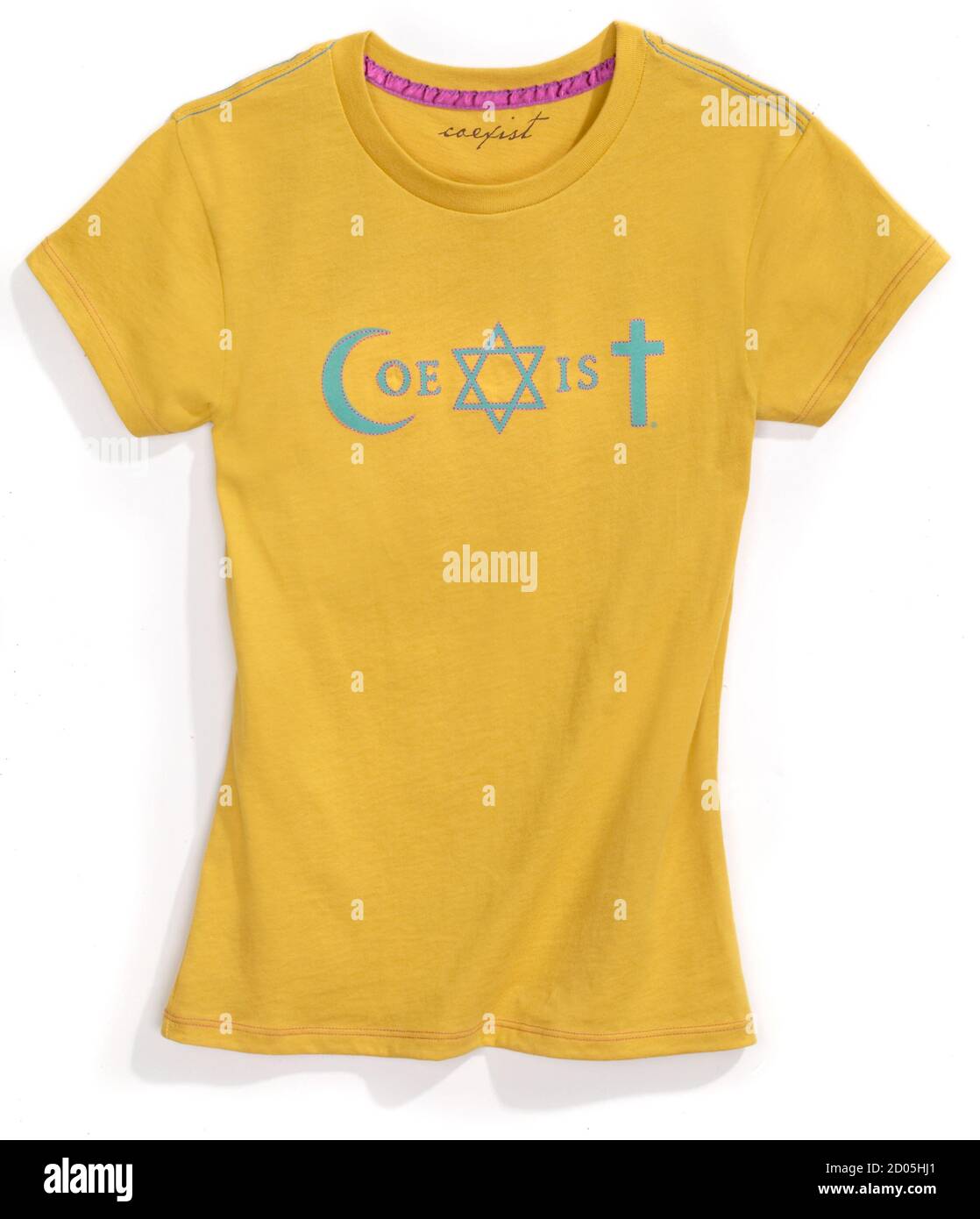 Yellow coexist t-shirt photographed on a white background Stock Photo ...
