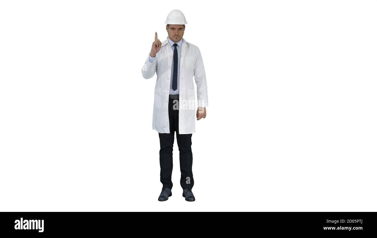 Confident Science Engineer Making Attention Hand Gesture Finger Up on ...