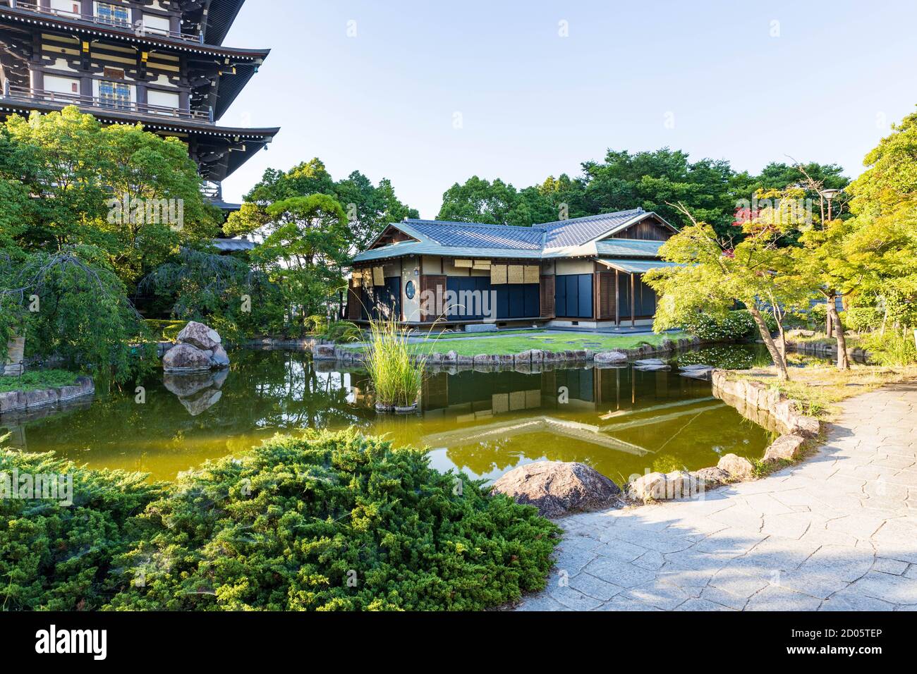 Empty Japanese temple with pagoda and pond on sunny day Stock Photo - Alamy