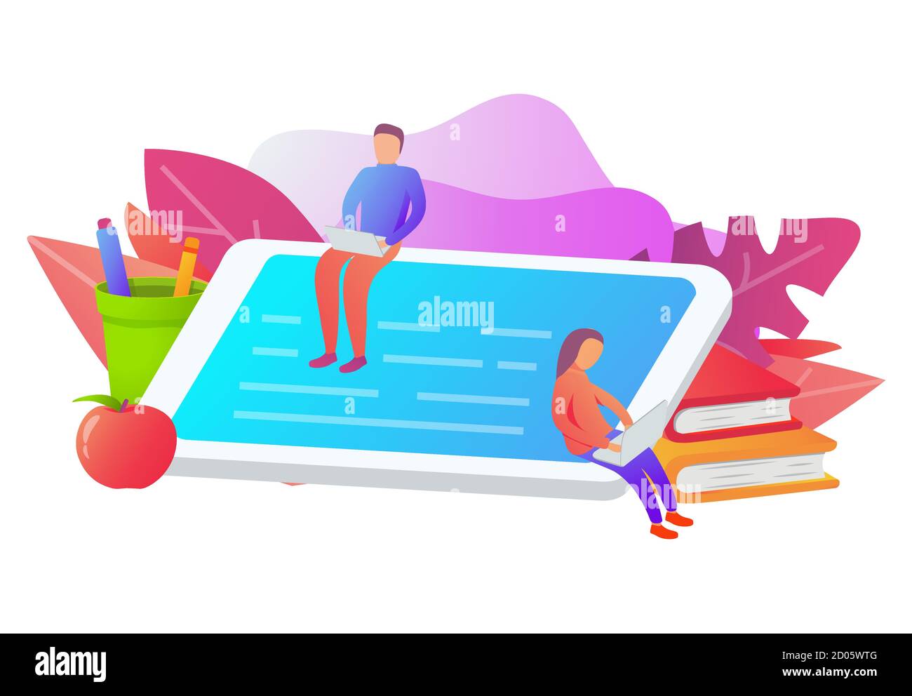 Online education concept.Elearning tablet.Girl and guy cartoon ...