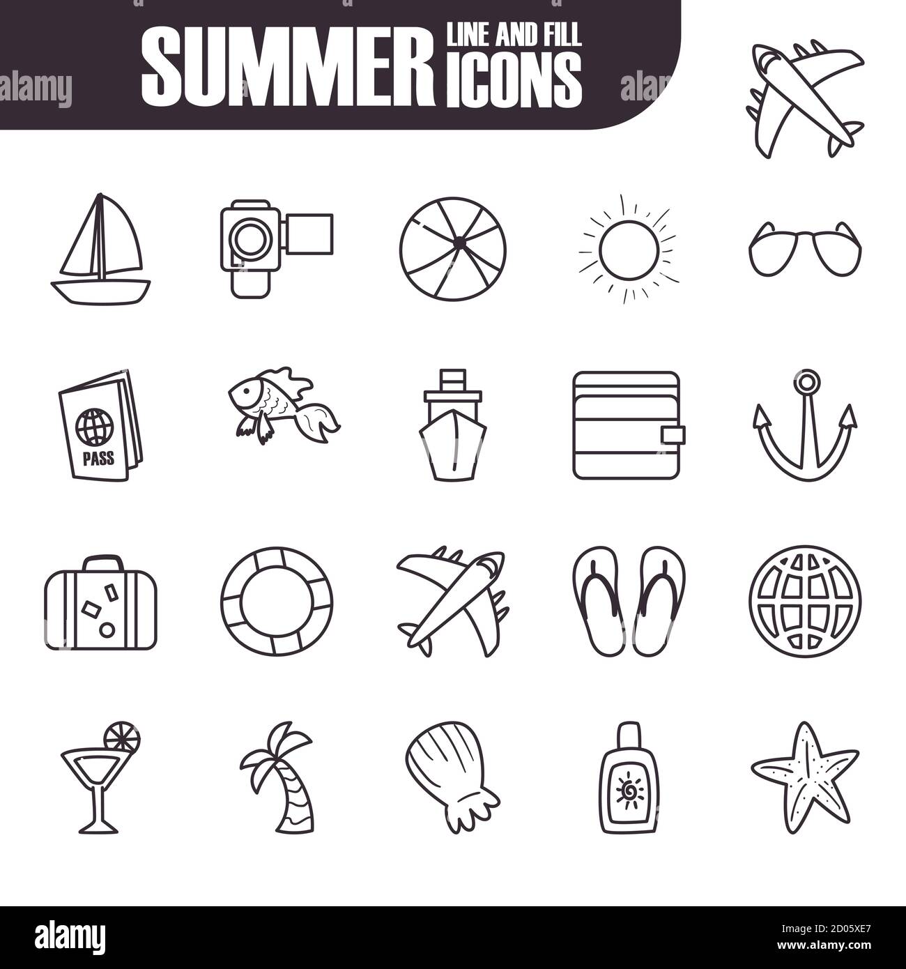 Summer line style set of icons design, vacation and tropical theme ...