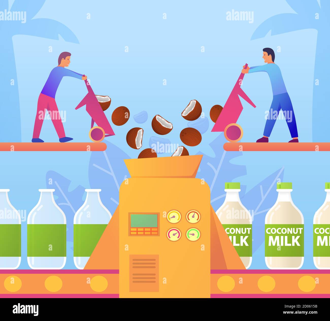 Factory conveyor coconut milk vegan products. Website banner concept ...