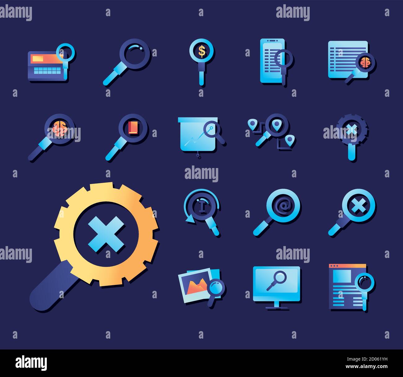 seach gradient style set of icons design, lupe tool and magnifying glass theme Vector ...