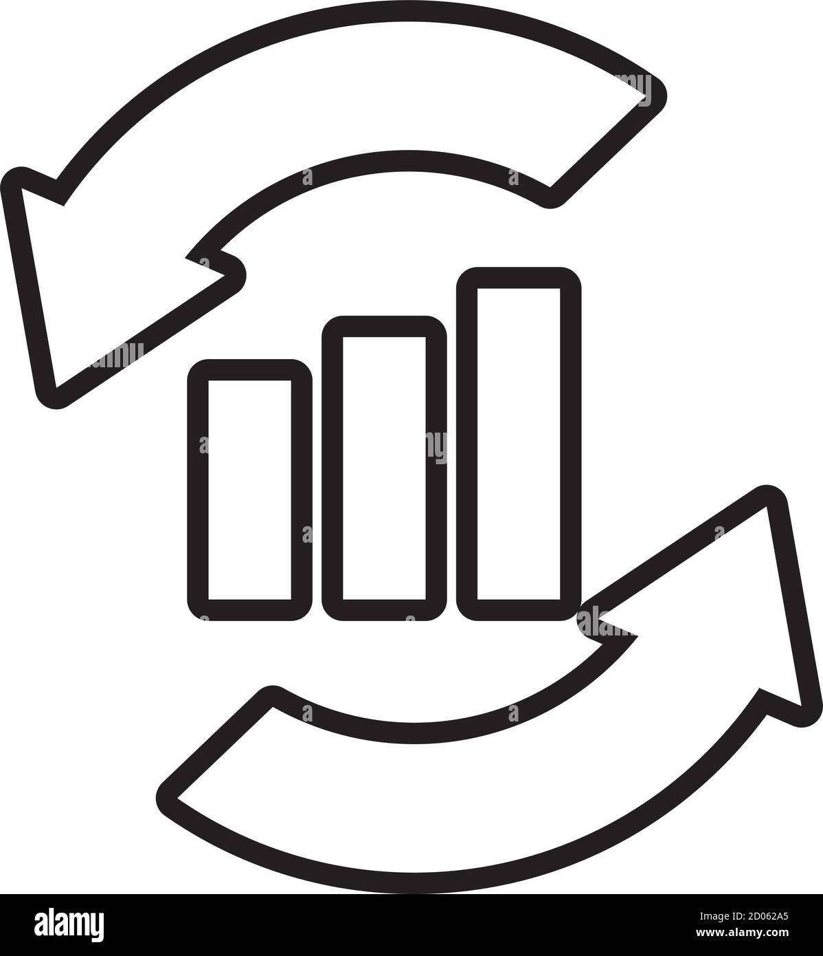 circular arrows and graphic bar chart icon over white background, line ...