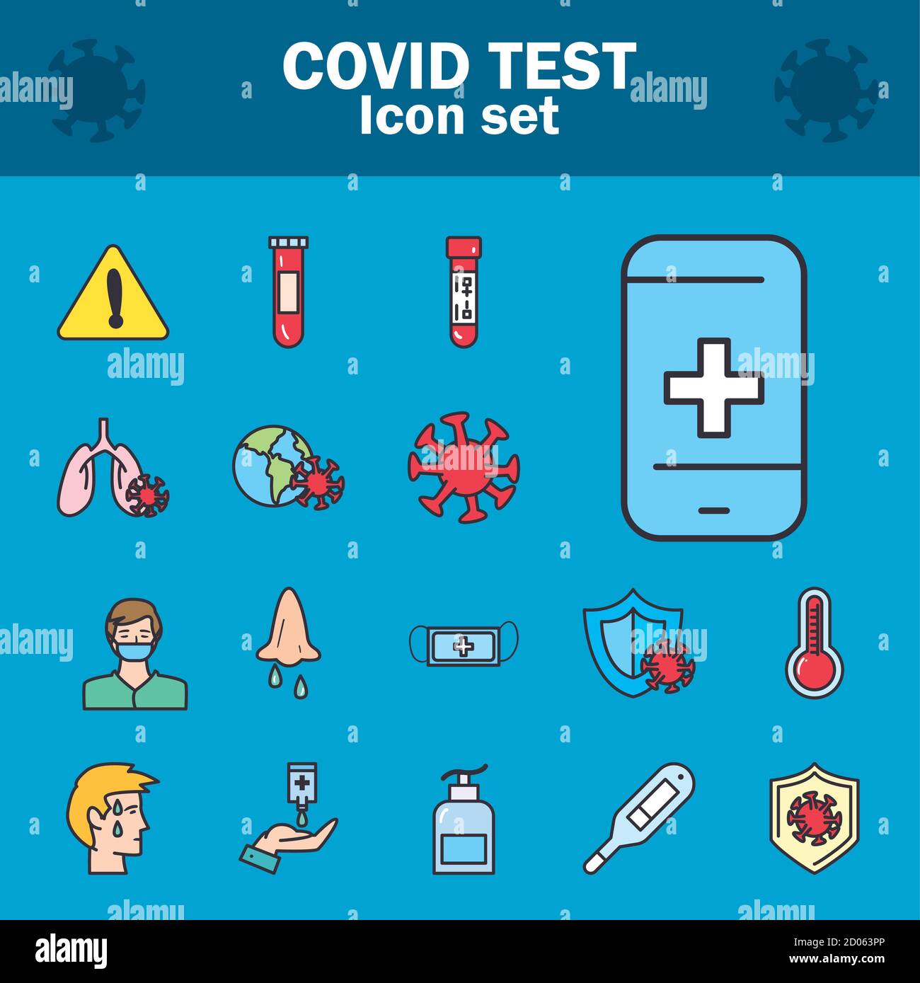Covid 19 virus test line and fill style set of icons design of 2019 ...