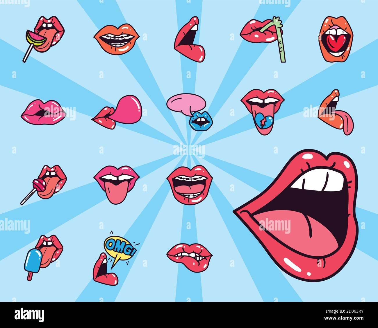 pop art female mouth line and fill style symbols set design of retro ...