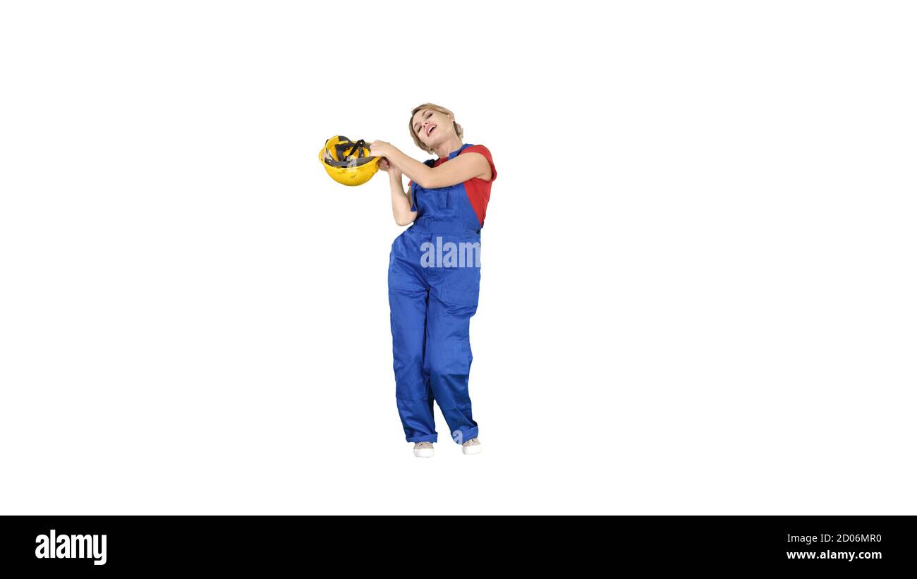 Tradeswoman dancing Construction uniform dressed woman on white Stock ...