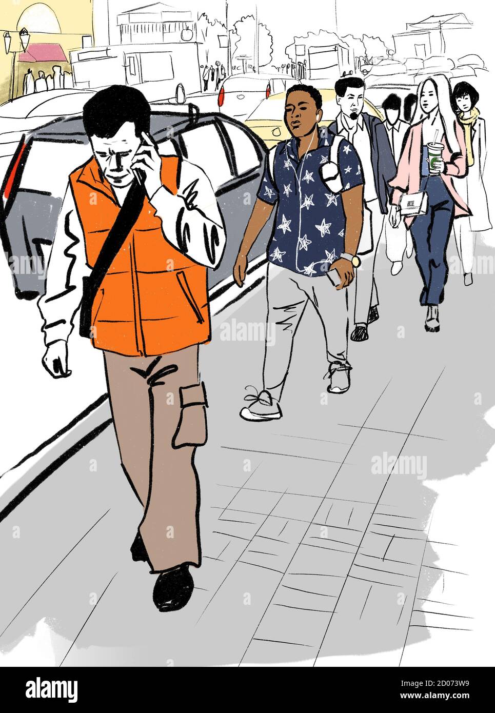Morning in the city. Sketch of A crowd of people crossing the street ...
