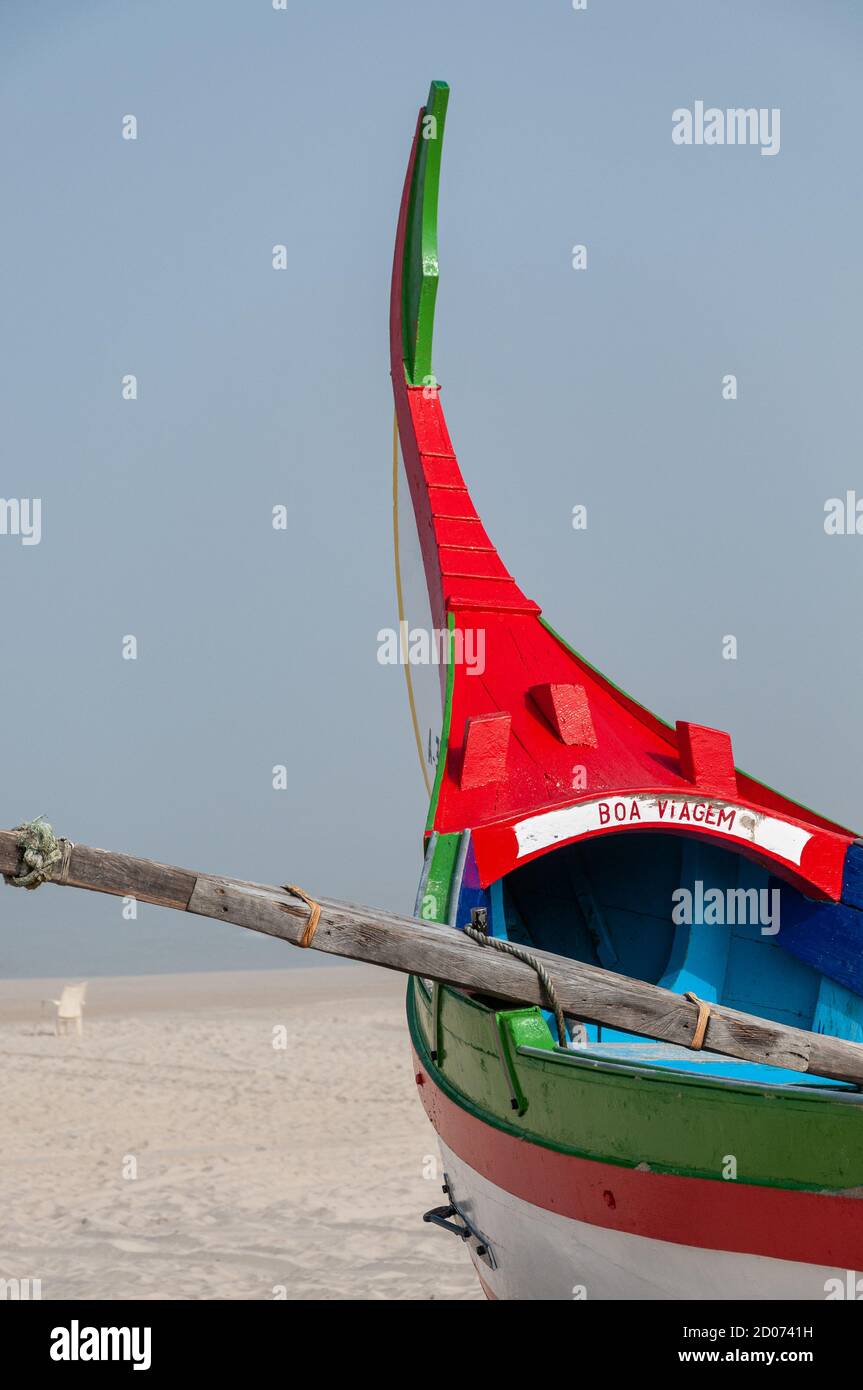 Traditional xávega fishing-boat parked at the beach, Portugal Stock ...