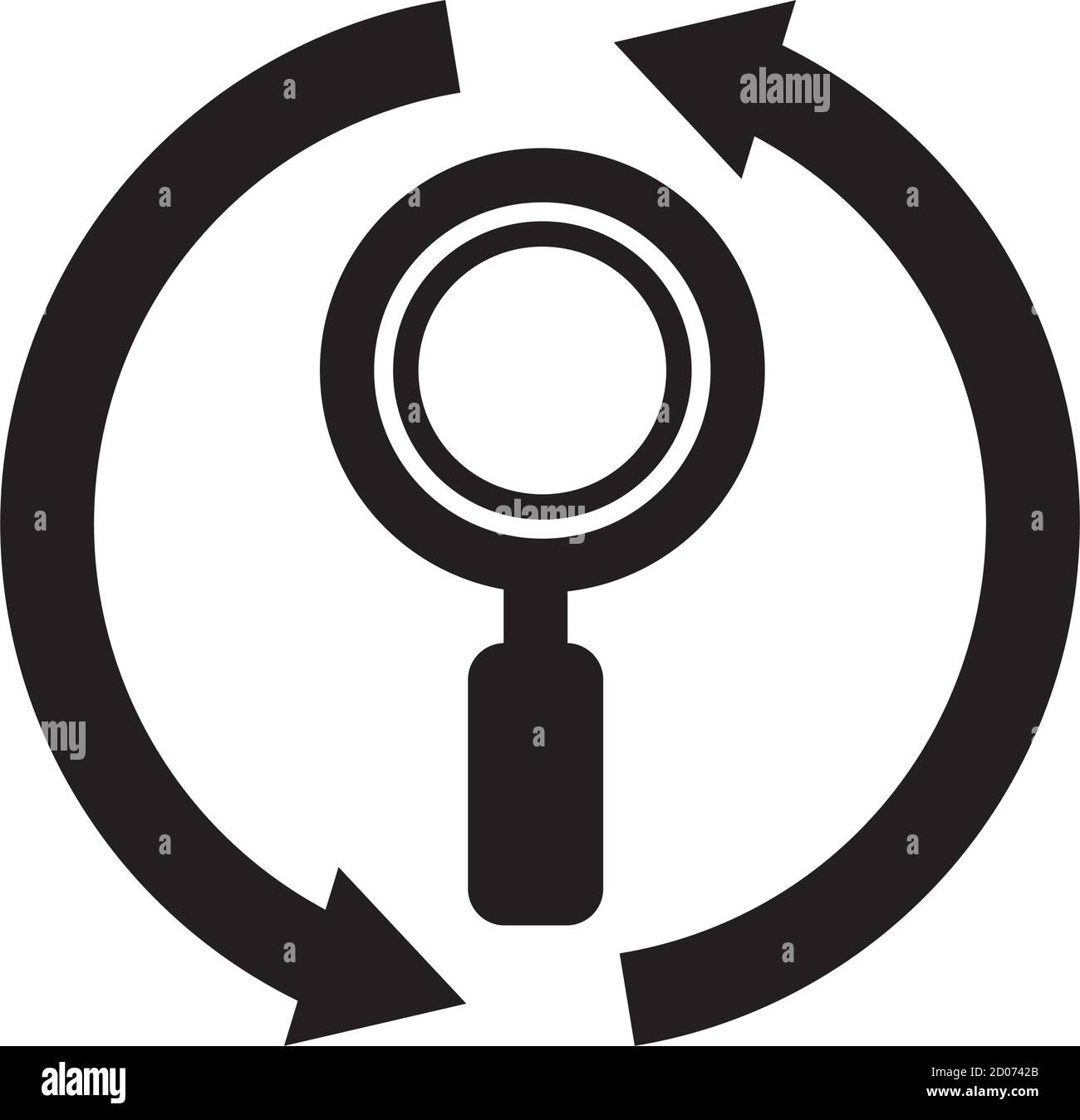 magnifying glass with circular arrows around over white background ...