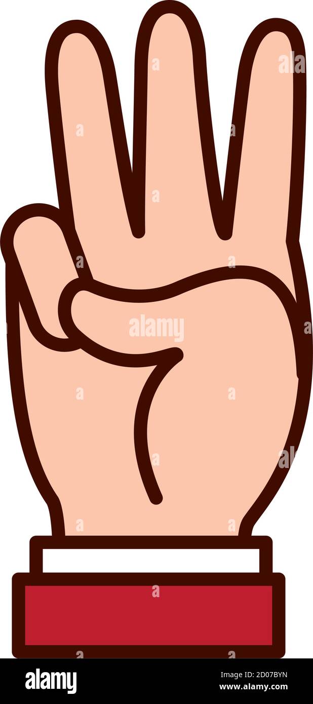 Hand gesture showing 3 number over white background, line and fill ...