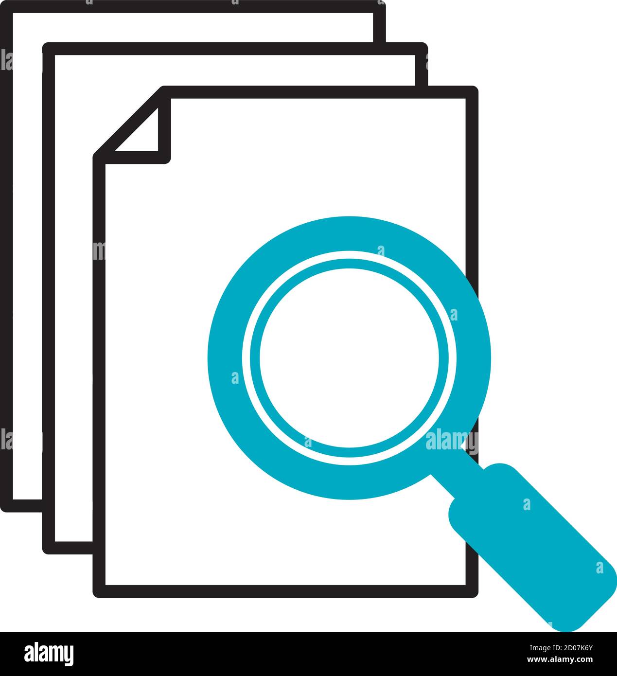 document pages and magnifying glass icon over white background, half ...