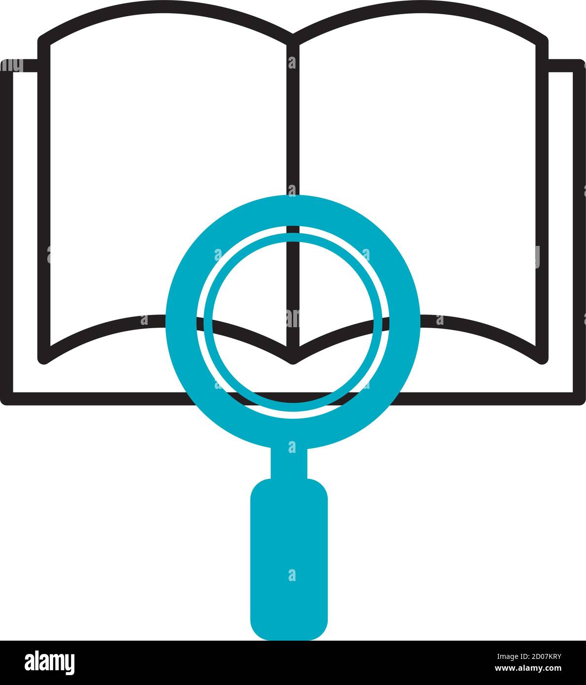 book with magnifying glass icon over white background, half line half ...