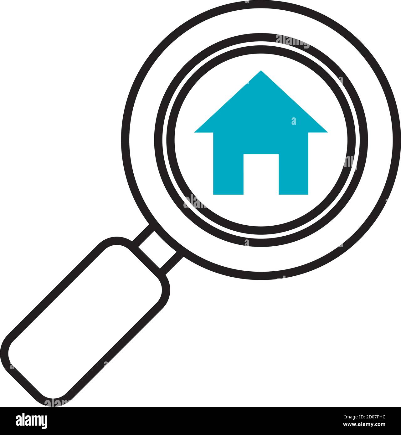 magnifying glass with house icon over white background, half line half ...