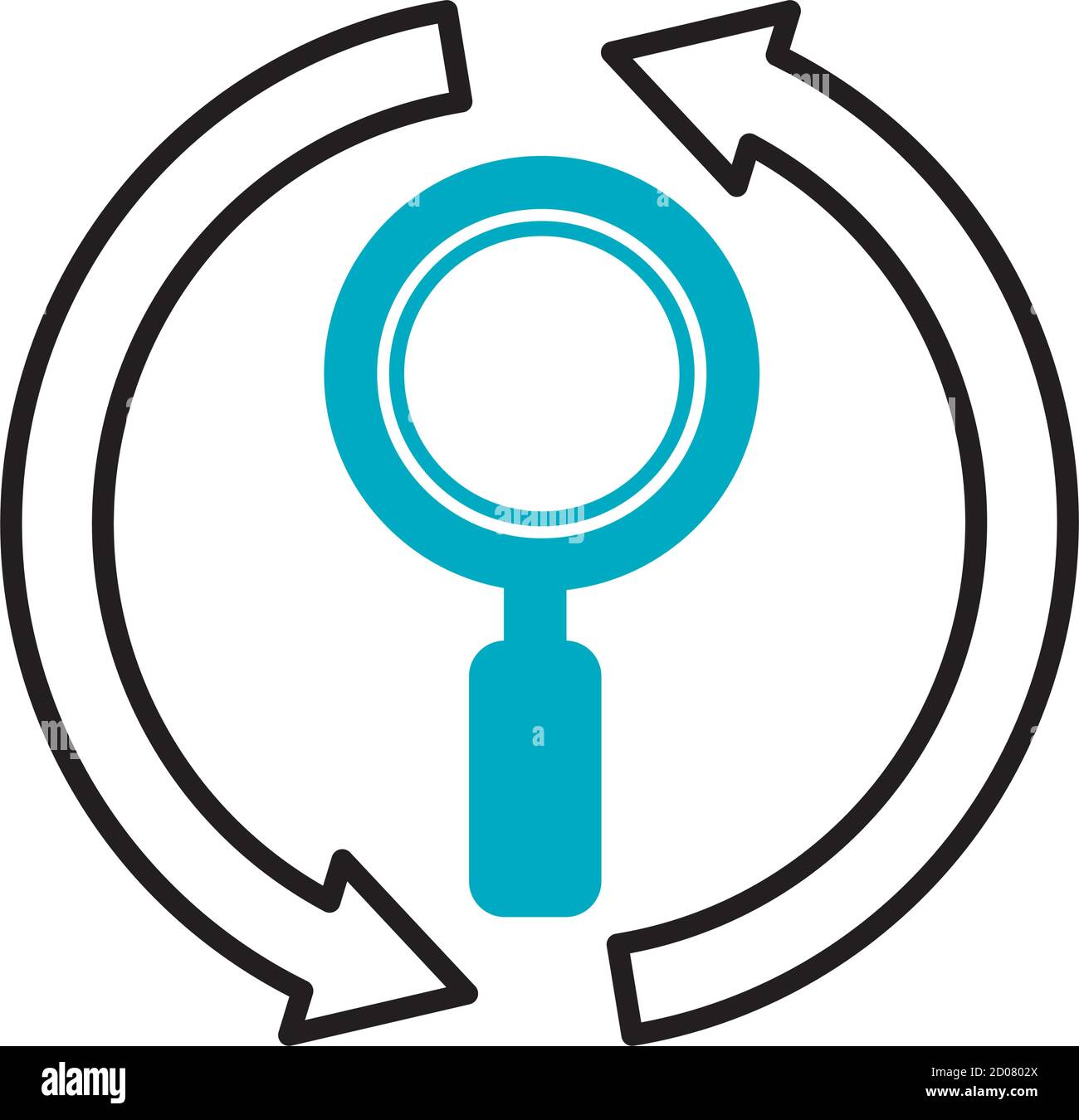 magnifying glass with circular arrows around over white background ...