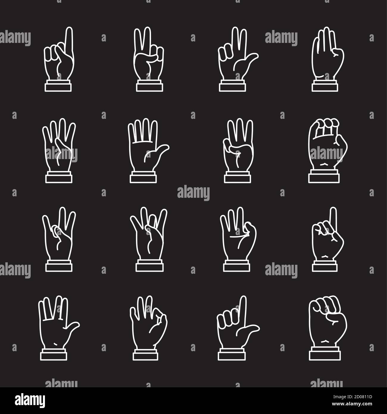 Hands sign Language icon set over black background, line style, vector ...