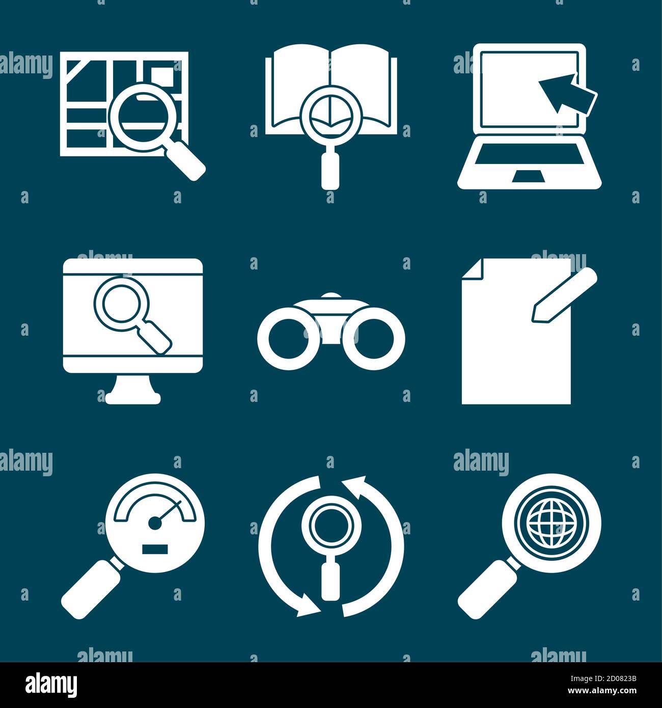 icon set of search and books over blue background, silhouette style ...