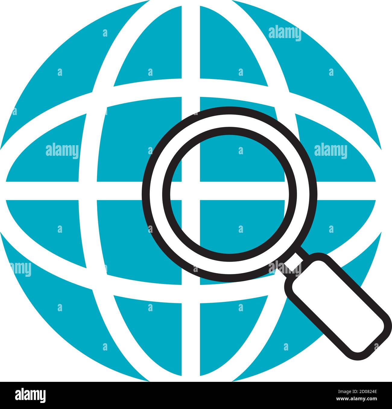 global sphere with magnifying glass icon over white background, half ...