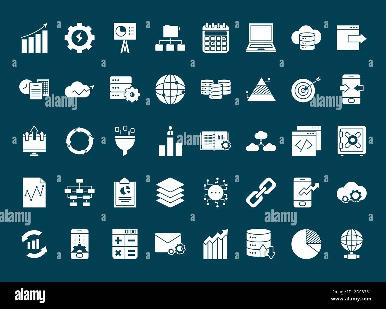 icon set of data analysis over blue background, silhouette style ...