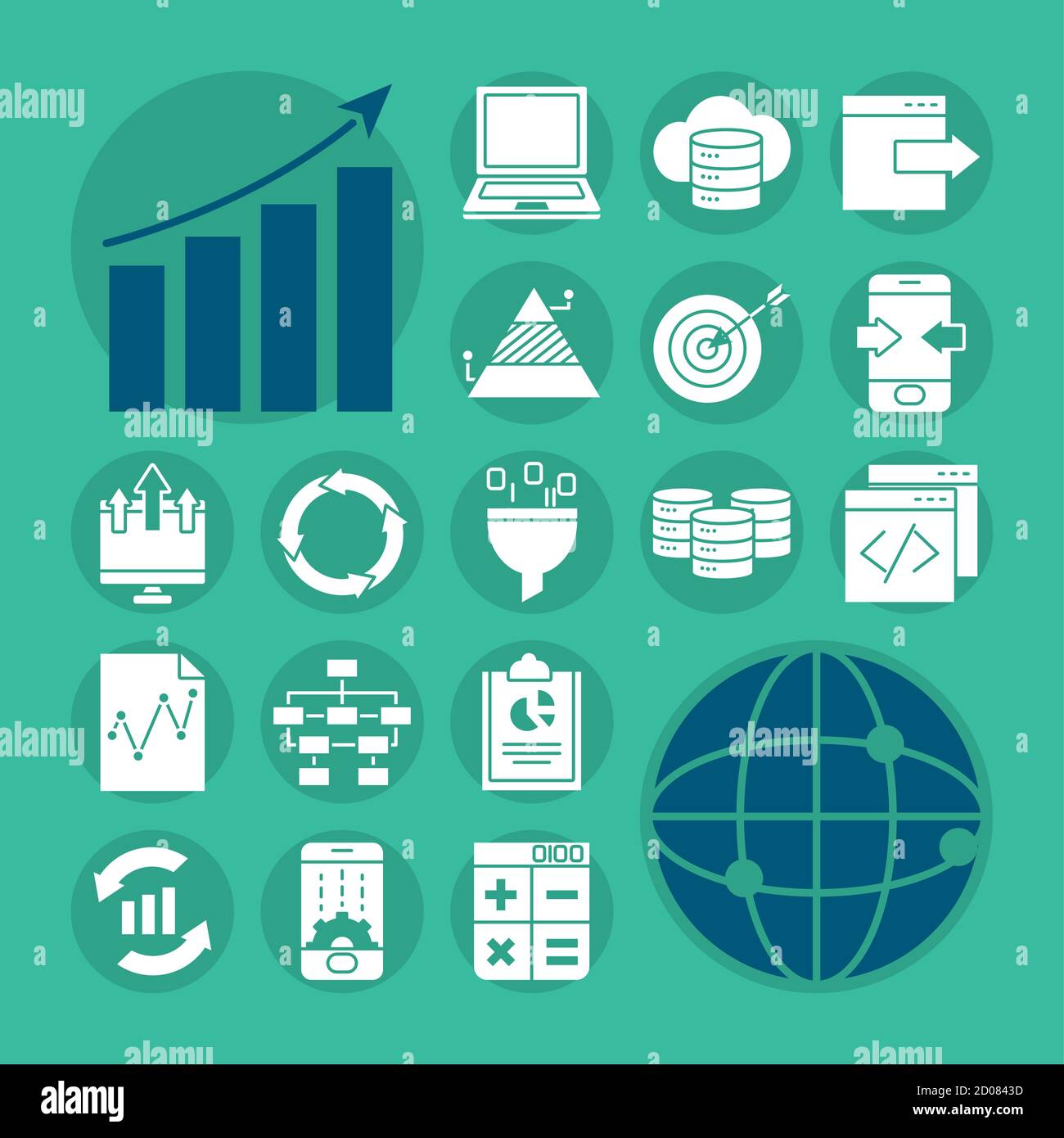 global network and data analysis icon set over green background ...