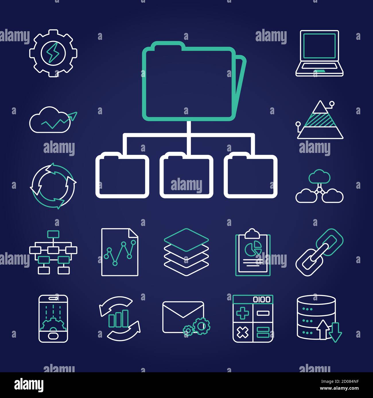 icon set of data analysis and layers over blue background, line style ...