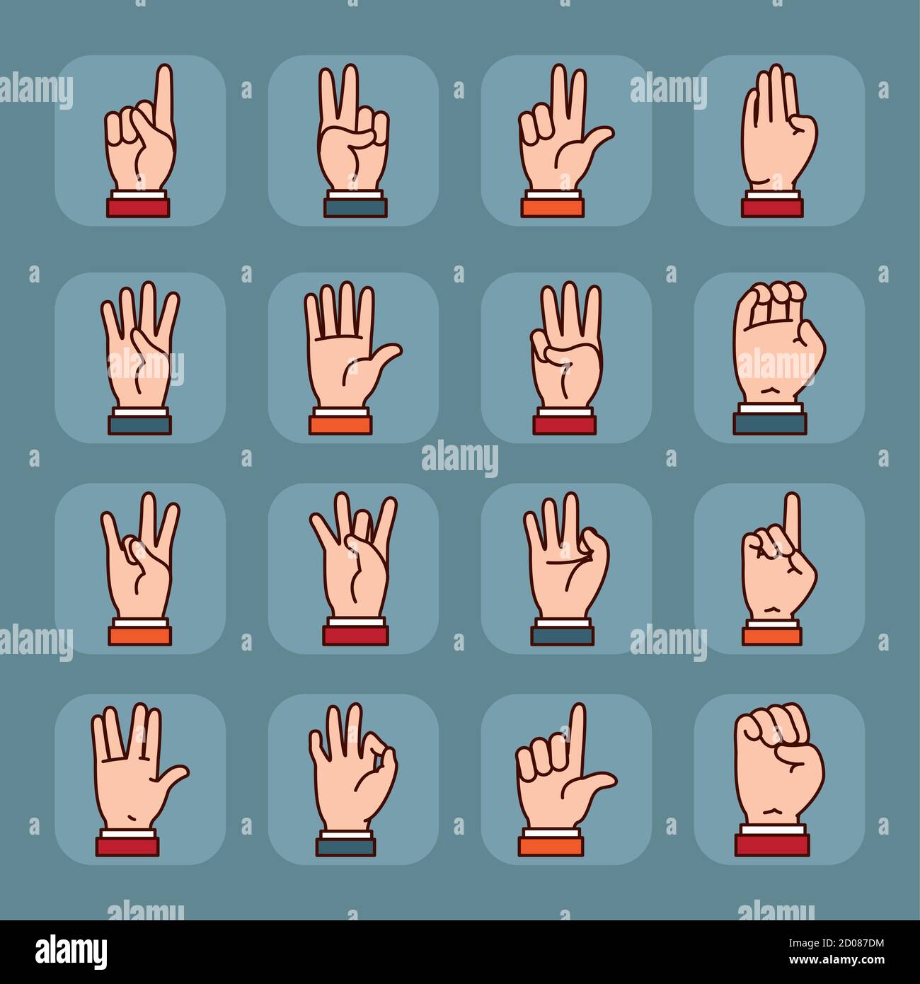 Hands sign Language icon set over gray background, line and fill style ...