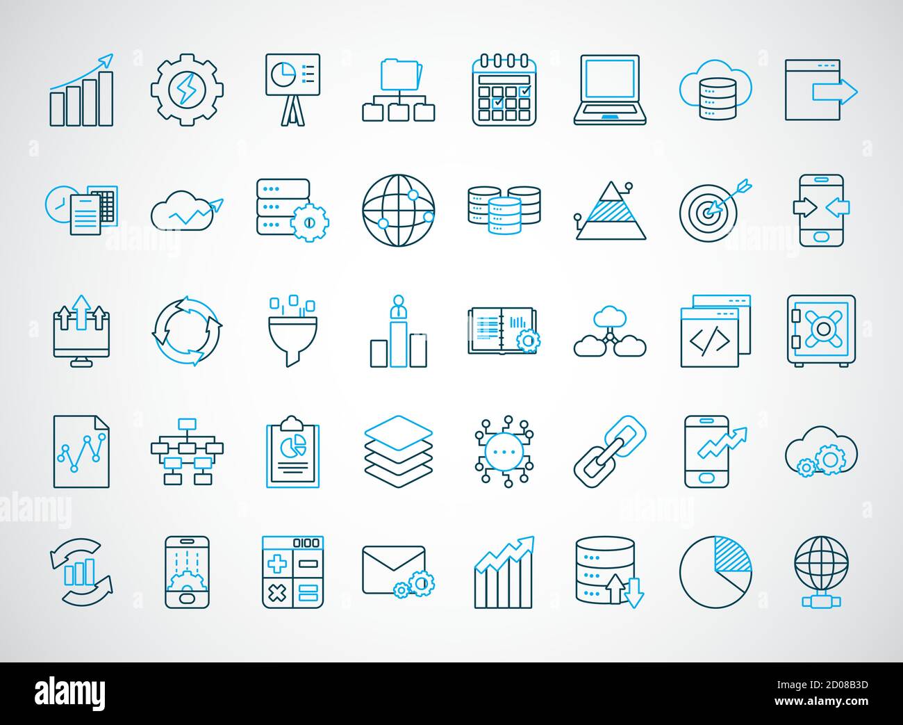 icon set of data analysis over white background, line style, vector ...