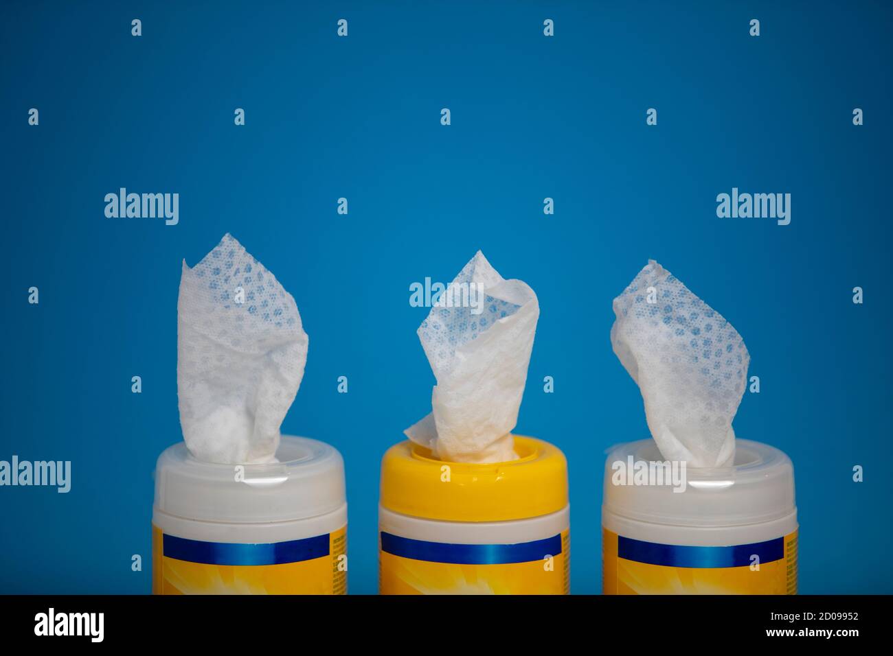 sanitation wipes cleanser background blue yellow Stock Photo - Alamy
