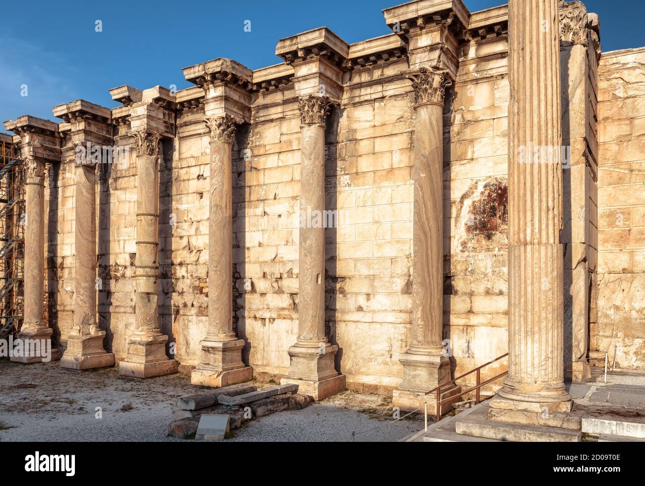 Hadrian`s Library at sunset, wall with columns, Athens, Greece. Remains ...