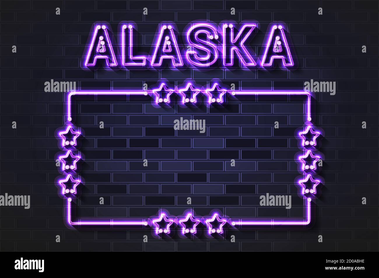Alaska US State glowing violet neon letters and starred frame ...
