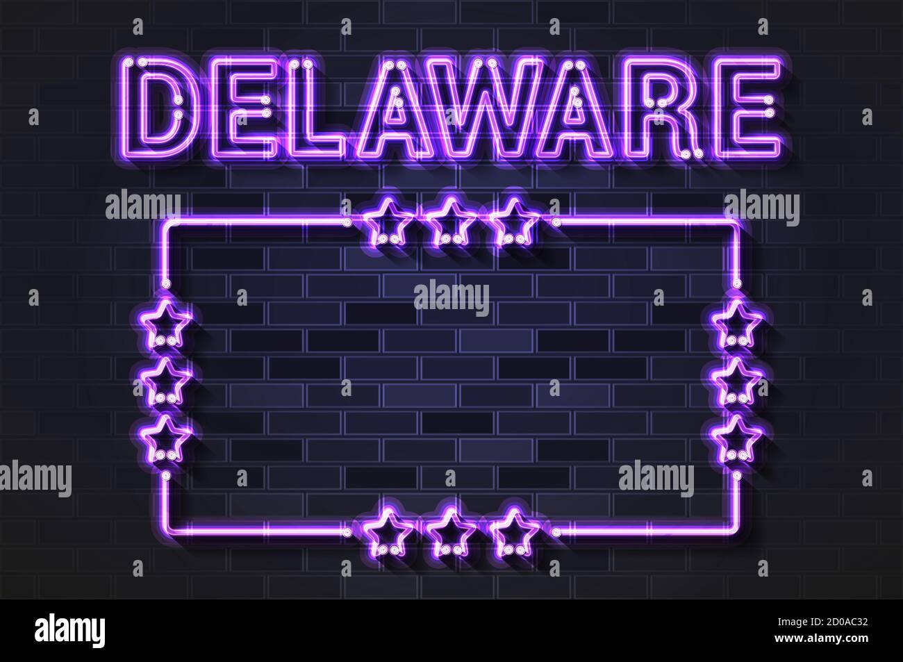 Delaware US State glowing violet neon letters and starred frame ...